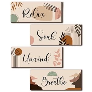 4 pcs boho bathroom decor relax soak unwind breathe sign bathroom wall arts decor boho bathroom wooden wall decor rustic farmhouse bathroom wall decor paintings for home washroom, 9.84 x 3.94 inch