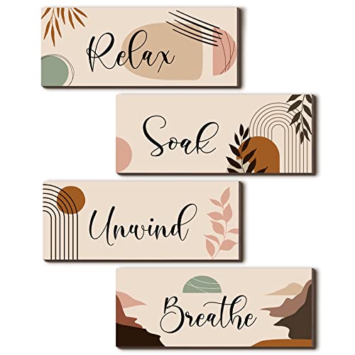 4 Pcs Boho Bathroom Decor Relax Soak Unwind Breathe Sign Bathroom Wall Arts Decor Boho Bathroom Wooden Wall Decor Rustic Farmhouse Bathroom Wall Decor Paintings for Home Washroom, 9.84 x 3.94 Inch