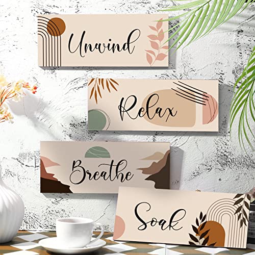 4 Pcs Boho Bathroom Decor Relax Soak Unwind Breathe Sign Bathroom Wall Arts Decor Boho Bathroom Wooden Wall Decor Rustic Farmhouse Bathroom Wall Decor Paintings for Home Washroom, 9.84 x 3.94 Inch