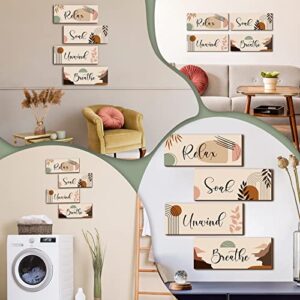 4 Pcs Boho Bathroom Decor Relax Soak Unwind Breathe Sign Bathroom Wall Arts Decor Boho Bathroom Wooden Wall Decor Rustic Farmhouse Bathroom Wall Decor Paintings for Home Washroom, 9.84 x 3.94 Inch