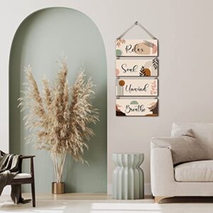 4 Pcs Boho Bathroom Decor Relax Soak Unwind Breathe Sign Bathroom Wall Arts Decor Boho Bathroom Wooden Wall Decor Rustic Farmhouse Bathroom Wall Decor Paintings for Home Washroom, 9.84 x 3.94 Inch