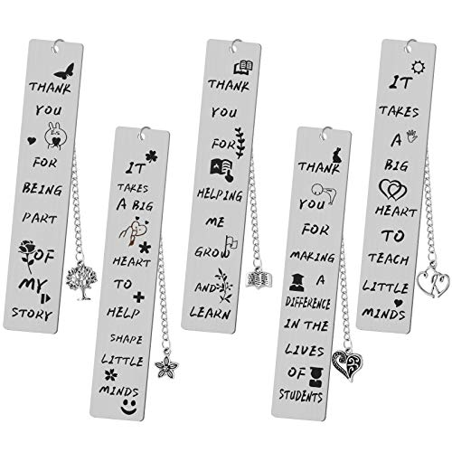 5 Pieces Teacher Appreciation Gifts Metal Thank You Teacher Bookmarks with Pendants Retirement Class of 2022 Graduation End of Year Christmas Valentines Presents for Women Men (Silver)