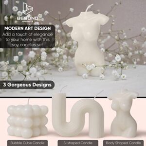 Beyond Gadgets | Natural Soy Wax Decorative Candles | Set of 3 - Includes Women Body Candle + Bubble Cube Candle + S-Shaped Candle | Freesia Scent