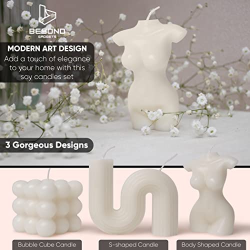 Beyond Gadgets | Natural Soy Wax Decorative Candles | Set of 3 - Includes Women Body Candle + Bubble Cube Candle + S-Shaped Candle | Freesia Scent