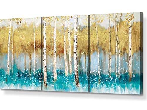 Canvas Wall Art for Living Room Tree Art Teal Yellow Wall Decor Birch Tree Wall Paintings Bedroom Decorations Forest Landscape Picture for Office Home Dining Room Kitchen Bathroom Wall 36x16in