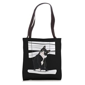 tuxedo cat window sill blinds kitten lovers tote bag