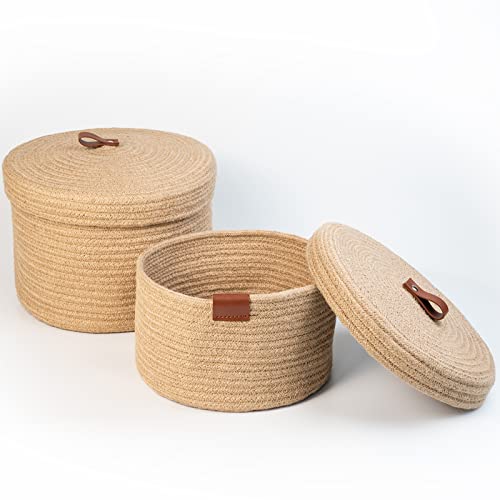 Lvfaismeg Decorative Basket With Lids,Natural Jute Rope Woven Basket With Lid Genuine Leather Handles ,Set of 2 Storage Basket With Lid ,Big Basket With Lid and Small Basket for Organizing.