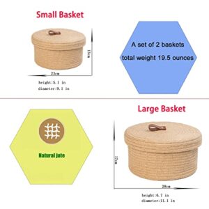 Lvfaismeg Decorative Basket With Lids,Natural Jute Rope Woven Basket With Lid Genuine Leather Handles ,Set of 2 Storage Basket With Lid ,Big Basket With Lid and Small Basket for Organizing.