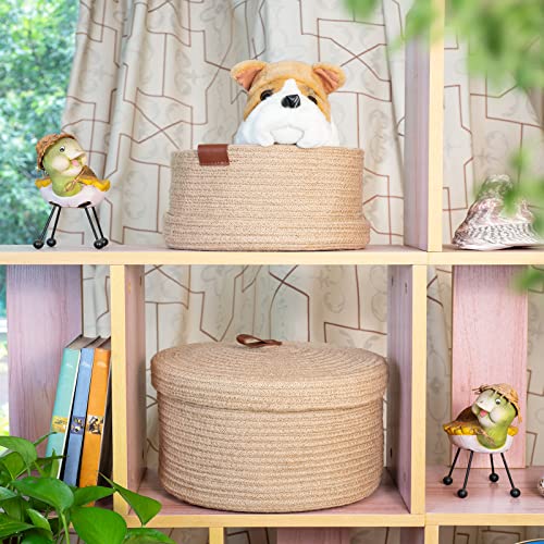 Lvfaismeg Decorative Basket With Lids,Natural Jute Rope Woven Basket With Lid Genuine Leather Handles ,Set of 2 Storage Basket With Lid ,Big Basket With Lid and Small Basket for Organizing.