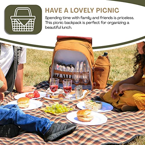 Picnic Backpack - Canvas and Faux Leather Picnic Backpack for 4 – Insulated Picnic Basket for 4 and Picnic Set - Picnic Basket w/a Fleece Picnic Blanket, Dinner Plates and Cutlery Set