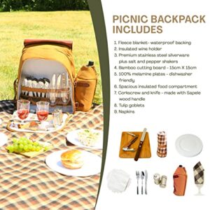 Picnic Backpack - Canvas and Faux Leather Picnic Backpack for 4 – Insulated Picnic Basket for 4 and Picnic Set - Picnic Basket w/a Fleece Picnic Blanket, Dinner Plates and Cutlery Set