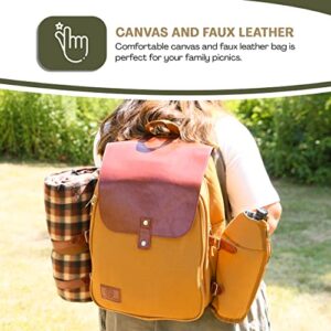 Picnic Backpack - Canvas and Faux Leather Picnic Backpack for 4 – Insulated Picnic Basket for 4 and Picnic Set - Picnic Basket w/a Fleece Picnic Blanket, Dinner Plates and Cutlery Set