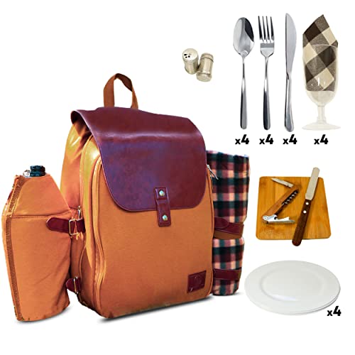 Picnic Backpack - Canvas and Faux Leather Picnic Backpack for 4 – Insulated Picnic Basket for 4 and Picnic Set - Picnic Basket w/a Fleece Picnic Blanket, Dinner Plates and Cutlery Set