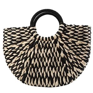 hbje women handbag rattan wicker straw woven half-round bag large capacity female casual travel tote fashion,black white