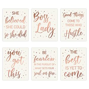 haooryx 6pcs boss lady wall art rose gold inspirational quote cardstock art print office decor set, minimalist girls art print poster for girls women bedroom dorm study room office decorations