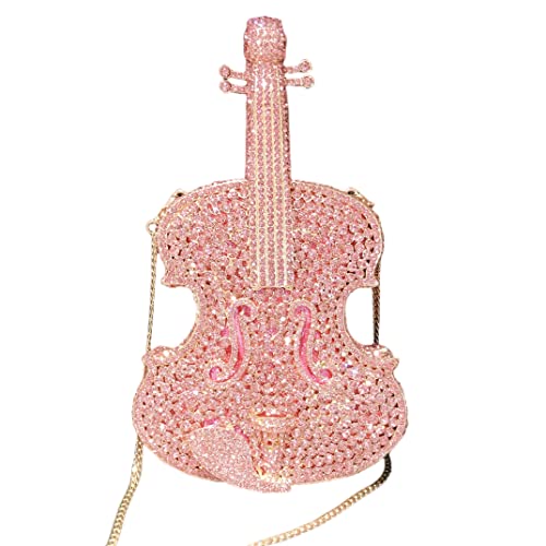 Tngan Women Mini Violin Evening Bag Sparkling Rhinestones Clutch Wedding Party Banquet Purse, Lignt Pink