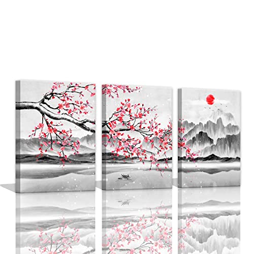 COKIMUN Cherry Blossom Decor - Japanese Decor Cherry Blossom Wall Art Black White Wall Art Pink Floral Painting Art Paintings Living Room Wall Decorations Wall Decor Bedroom Framed 12x16inch x3pcs