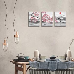 COKIMUN Cherry Blossom Decor - Japanese Decor Cherry Blossom Wall Art Black White Wall Art Pink Floral Painting Art Paintings Living Room Wall Decorations Wall Decor Bedroom Framed 12x16inch x3pcs