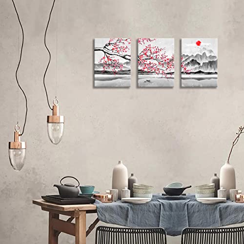 COKIMUN Cherry Blossom Decor - Japanese Decor Cherry Blossom Wall Art Black White Wall Art Pink Floral Painting Art Paintings Living Room Wall Decorations Wall Decor Bedroom Framed 12x16inch x3pcs