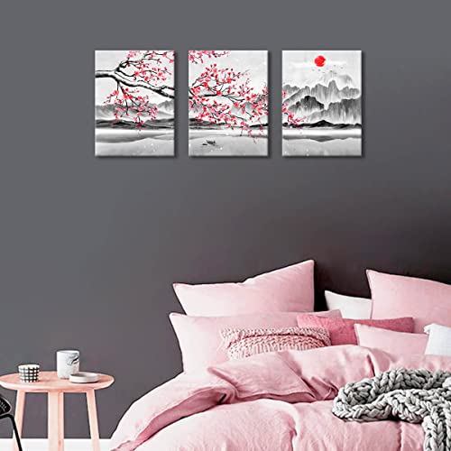 COKIMUN Cherry Blossom Decor - Japanese Decor Cherry Blossom Wall Art Black White Wall Art Pink Floral Painting Art Paintings Living Room Wall Decorations Wall Decor Bedroom Framed 12x16inch x3pcs