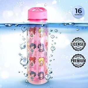 JUST FUNKY Sailor Moon Crystal Chibi Water Bottle –16oz Plastic Travel Container for Joining The Sailor Guardians Against Dark Forces Officially Licensed