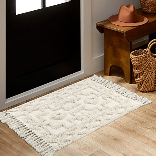 Uphome Boho Bath Mat 2'x3' Beige Hand Woven Tufted Kitchen Rug with Tassels Soft Machine Washable Cotton Small Rug Moroccan Geometric Throw Rug for Doormat Living Room Bedroom Laundry Room