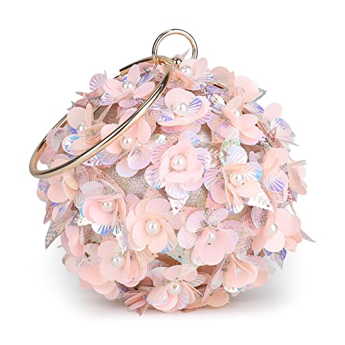 Selighting Round Ball Floral Clutch Purses for Women Evening Bag Formal Beaded Wedding Bridal Handbag Ladies Prom Party Purse Pink