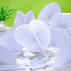 100 Packs Heart Shaped Wedding Folding Fans White Paper Fans Foldable Personalized Fan Decorative Blank Fan Round Handheld Fan with Plastic Fan Handles for Women Girls Guest Wedding Party Pocket Favor