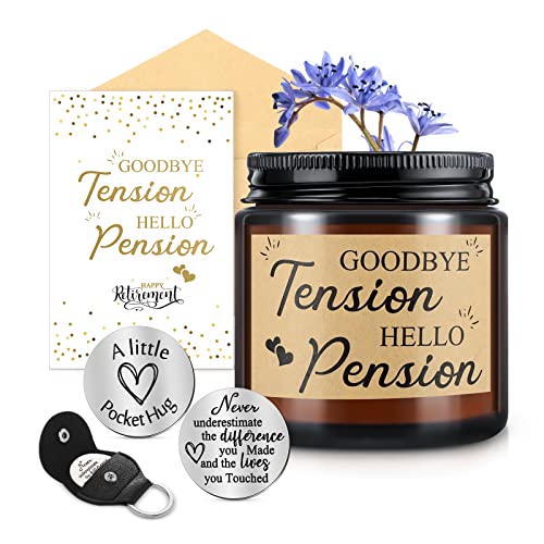 5 Pcs Retirement Gift Hug Scented Candle Goodbye Tension Bluebells Scented Candle Soy Wax Aromatherapy Candle Pocket Hug Token PU Leather Keychain Funny Retirement Card Retro for Retirement Gift