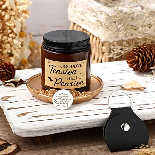 5 Pcs Retirement Gift Hug Scented Candle Goodbye Tension Bluebells Scented Candle Soy Wax Aromatherapy Candle Pocket Hug Token PU Leather Keychain Funny Retirement Card Retro for Retirement Gift