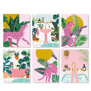 yimehdan moroccan leopard wall art print — jungle animal with tropical leaves canvas print — abstract pink cheetah and plant artwork for bathroom home decor ( set of 6 ) — unframed — 8x10 inch