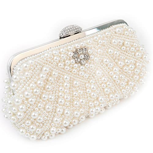 Ofuleo Luxury Pearl Clutch Purses Homecoming Crossbody Crystal Women's Evening Handbag Tote for Wedding Evening Casual Party (Beige with Rhinestones)