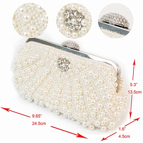 Ofuleo Luxury Pearl Clutch Purses Homecoming Crossbody Crystal Women's Evening Handbag Tote for Wedding Evening Casual Party (Beige with Rhinestones)