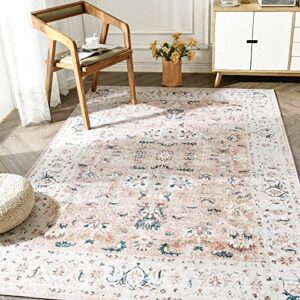 jinchan area rug 5×7 persian rug vintage floor cover foldable thin rug indoor retro blush pink floral print distressed carpet non slip kitchen living room bedroom dining room