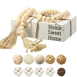 yerliker decorative white books set farmhouse home coffee table faux stacked books with wood bead,and spherical wicker rattan ball,cotton bowl and vase filler for living room shelf decor