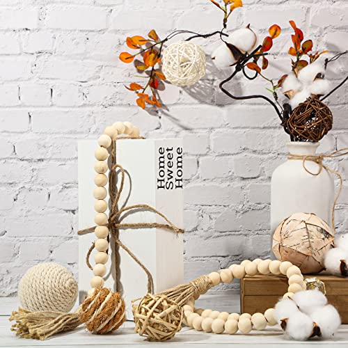 Yerliker Decorative White Books Set Farmhouse Home Coffee Table Faux Stacked Books with Wood Bead,and Spherical Wicker Rattan Ball,Cotton Bowl and Vase Filler for Living Room Shelf Decor