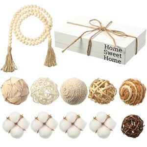 Yerliker Decorative White Books Set Farmhouse Home Coffee Table Faux Stacked Books with Wood Bead,and Spherical Wicker Rattan Ball,Cotton Bowl and Vase Filler for Living Room Shelf Decor