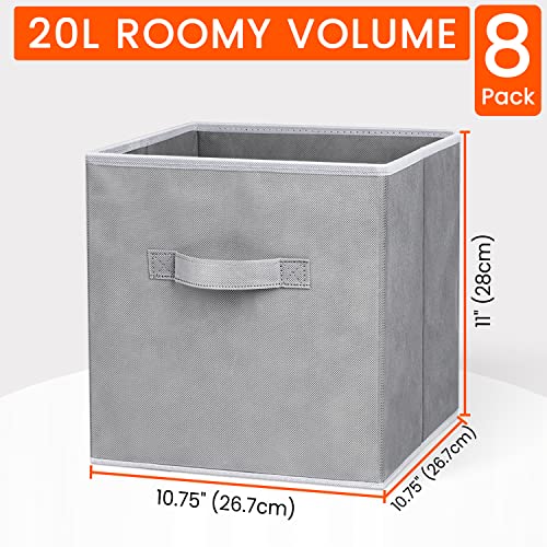 Storage Cubes, 11 Inch Cube Storage Bins (Set of 8), Fabric Collapsible Storage Bins with Dual Handles, Foldable Cube Baskets for Shelf, Closet Organizers and Storage Box (Grey)