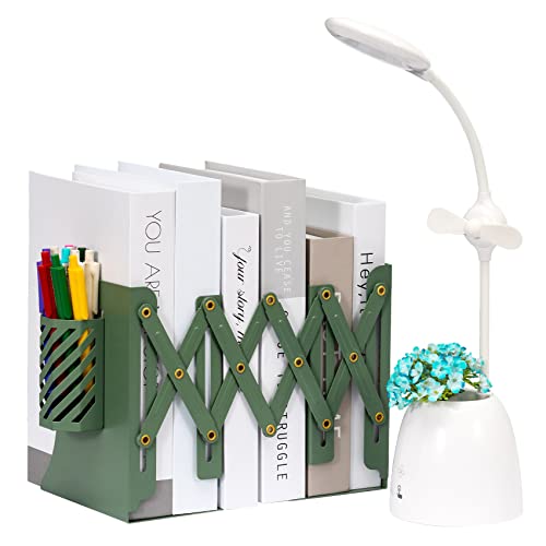 TIANSE Adjustable Bookends Book Holders for 3 Compartments Heavy Duty Metal Steel Book Organizer Stand Desktop Organizer Expandable Bookshelf with Pen Holder (Green 1 Pack)