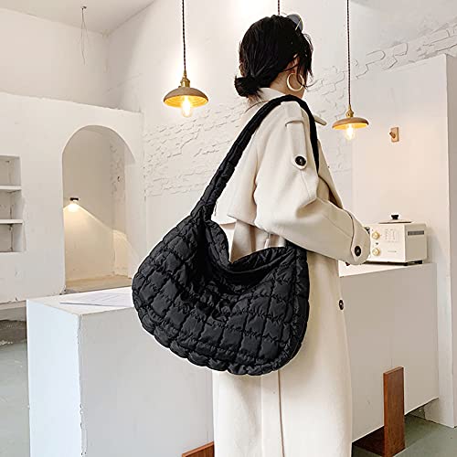 Quilted Bags for Women Lightweight Quilted Padding Shoulder Bag Down Cotton Padded Large Tote Bags Lattice Crossbody Bag Zip Closure