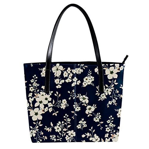 DEYYA Women's Leather Purse and Handbag, Large Capacity Top Handle Satchel Purses Shoulder Bag Floral Navy Blue Flower