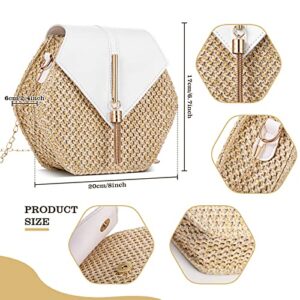 3 Pcs Women's Crossbody Straw Bag Straw Shoulder Bag Bohemia Rattan Tassel Earrings Pendant Tassel Long Hollowed Out Necklace (White)