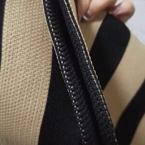 Stripe Wrist Tote Knitting Handbags Japanese Knot Purse Light Shopping Bag Beach Bag for Women (Brown-black)