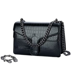 GLOD JORLEE Women's Fashion Chain Purse Crossbody Shoulder Bags -Classic Stone Crocodile Pattern Leather Square Flap Handbag (Black)