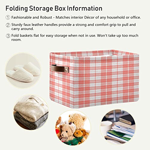 xigua Storage Basket Orange Coral Checkered Buffalo Storage Bin with Handle, Large Storage Cube Collapsible for Shelves Closet Bedroom Living Room 1PC