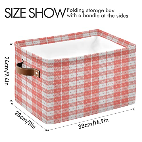 xigua Storage Basket Orange Coral Checkered Buffalo Storage Bin with Handle, Large Storage Cube Collapsible for Shelves Closet Bedroom Living Room 1PC