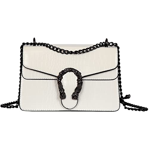 GLOD JORLEE Women's Stylish Chain Strap Crossbody Shoulder Bags - Classic Stone Crocodile Pattern Leather Square Flap Handbag (White)