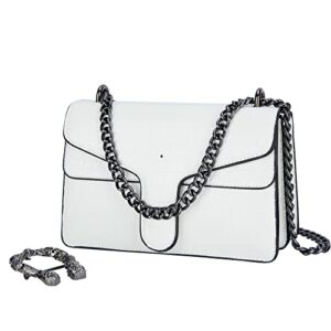 GLOD JORLEE Women's Stylish Chain Strap Crossbody Shoulder Bags - Classic Stone Crocodile Pattern Leather Square Flap Handbag (White)