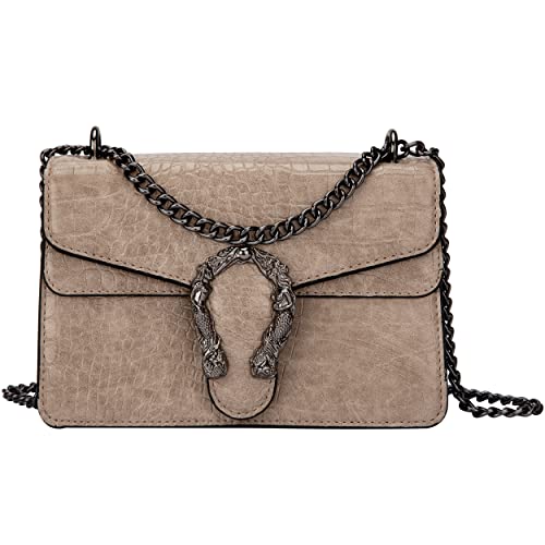 GLOD JORLEE Women's Chain Strap Crossbody Shoulder Purse - Fashion Classic Stone Crocodile Pattern Leather Square Flap Handbags Satchel(Khaki)