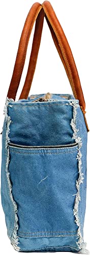 NATURALS EXPORT OAG Upcycle Canvas Bag, Handmade Canvas Bag With Leather, Canvas Tote Bag, Canvas Shoulder Bag, Canvas Handbag for Women, Blue